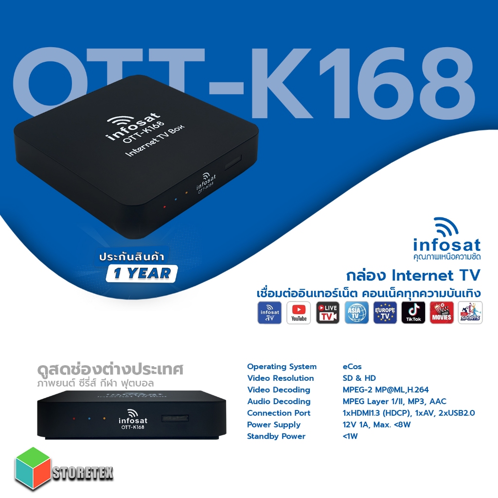 Infosat กล่องอินเตอร์เน็ตทีวี Internet TV รุ่น OTT-K168 ดูไลฟ์สด ได้ทั่วโลก | Shopee Thailand