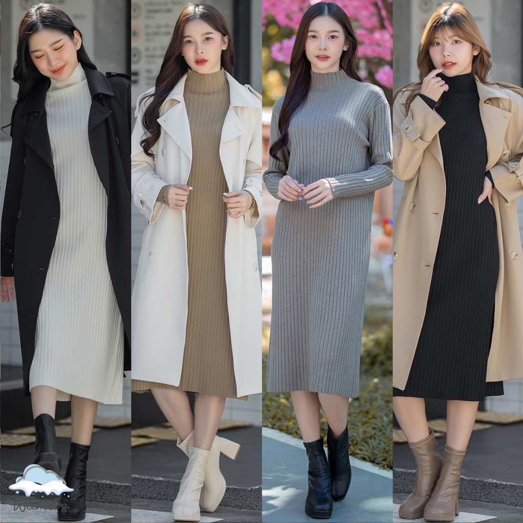 [ Zermatt Knitted Dress ] เดรสไหมพรมยาว เดรสไหมพรมคอปีน ผ้าร่อง หนา นุ่ม | Shopee Thailand
