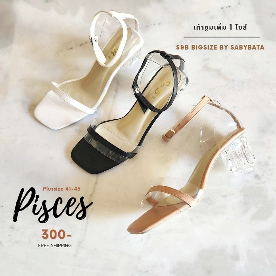 รองเท้าไซส์ใหญ่ รองเท้ารัดส้น Pisces ส้นสูง 3 นิ้ว ไซส 41-45 กระดุมแป๊ก ใส่ง่าย ส้นแก้ว Luxury ...