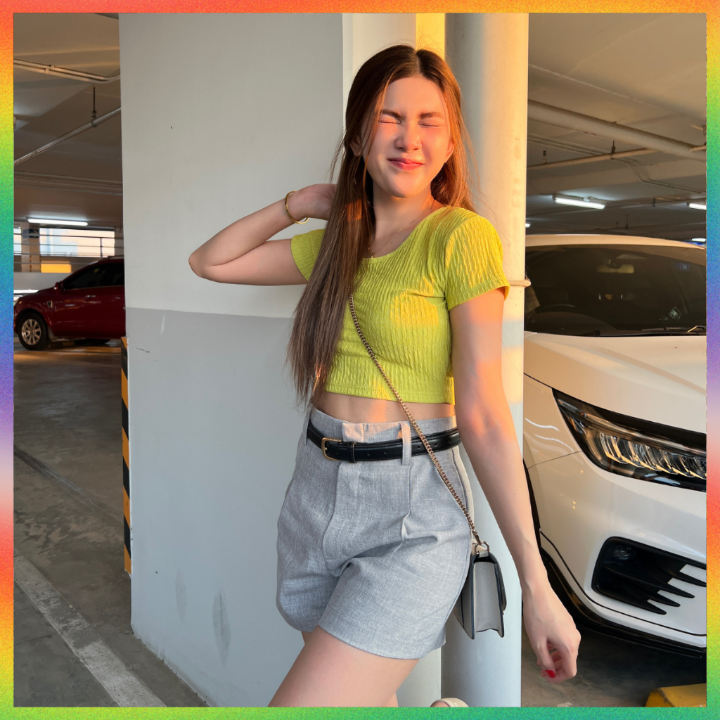 🌈MesubShop🌈ครอปแขนสั้น ผ้าเปลือกไม้ ทรงคอกลม 🍯 รุ่น ครอปน้ำแร่ B-045-1-AA | Shopee Thailand