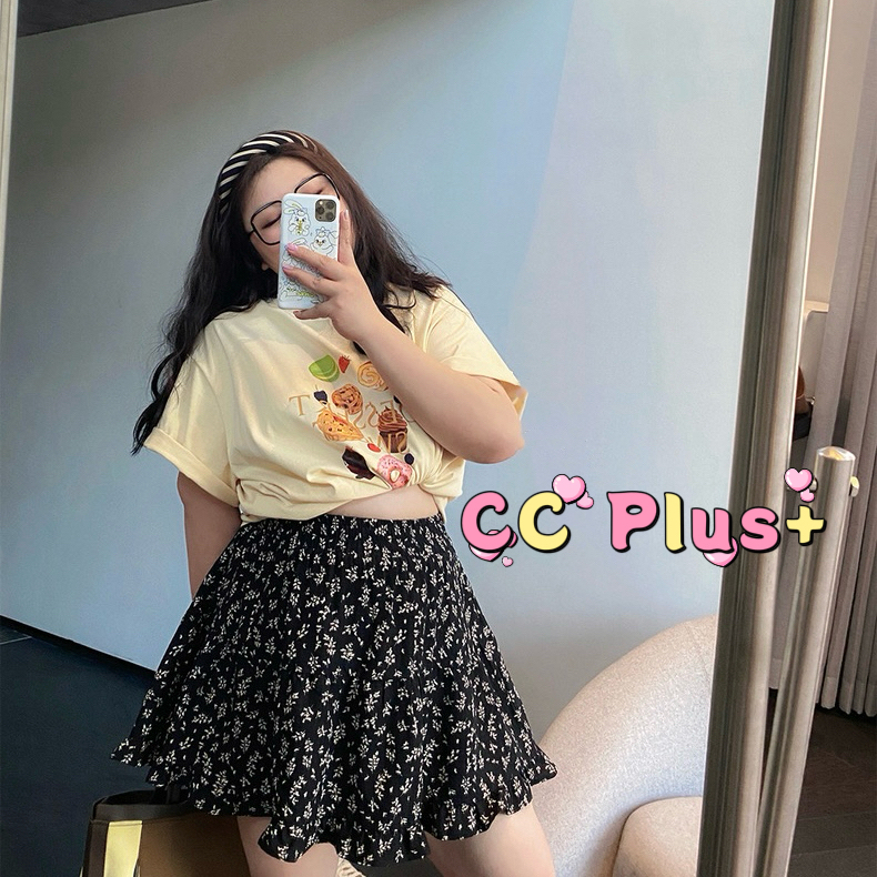 CC Plus+(2805)กระโปรงสั้น ลายดอกไม้เอวสม๊อกมีซับด้านใน แต่งระบายน่ารัก ...