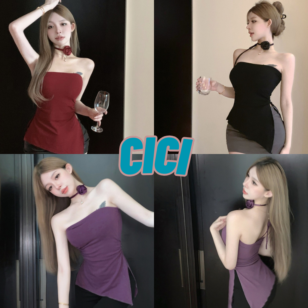 Cici(NO.J915)เกาะอกจ้ำข้างพร้อมดีเทลผ่าด้านข้าง แถมโชกเกอร์ดอกไม้ สามารถจับแมท์ได้หลากหลาย สไตล์ ...