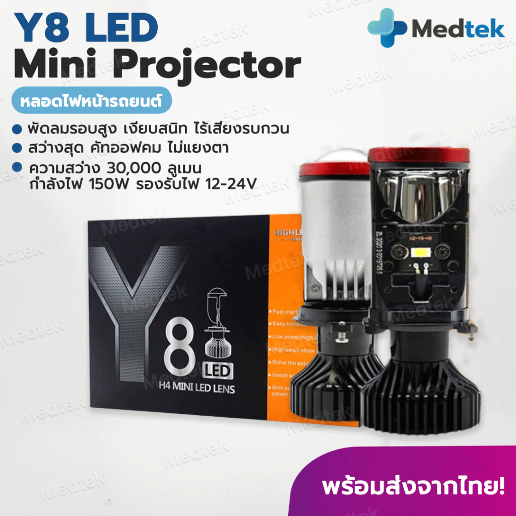 [พร้อมส่ง] หลอดไฟหน้ารถยนต์ ขั้ว H4 Y8 LED Mini Projector ใหม่! (1คู่ ...