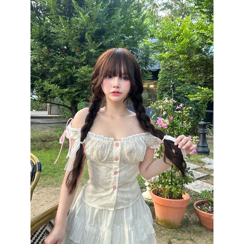 Risa top เสื้อแขนย่นปาดไหล่แต่งโบว์ชมพู | Shopee Thailand