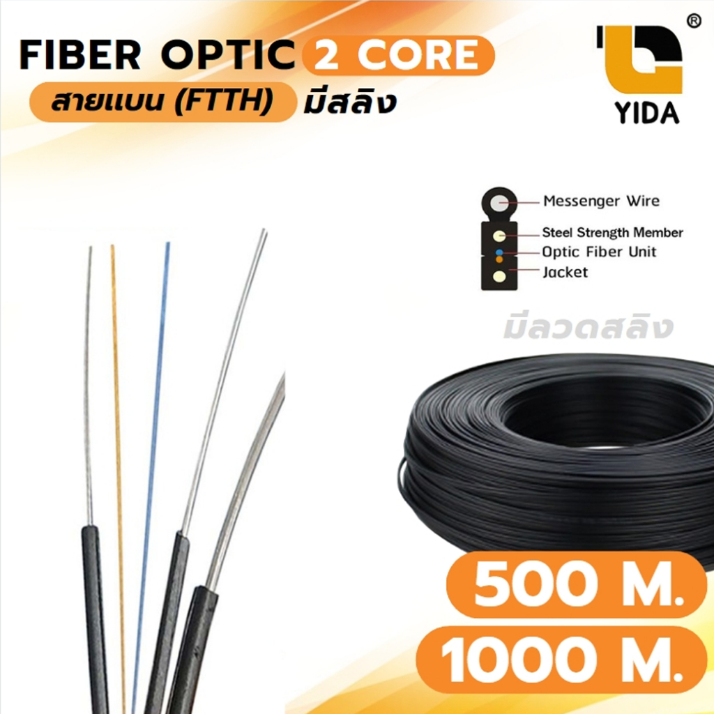 สาย ไฟเบอร์ ออฟ ติก 2 Core มีลวดสลิง สายแบน FTTH ความยาว 500เมตร 1,000 ...