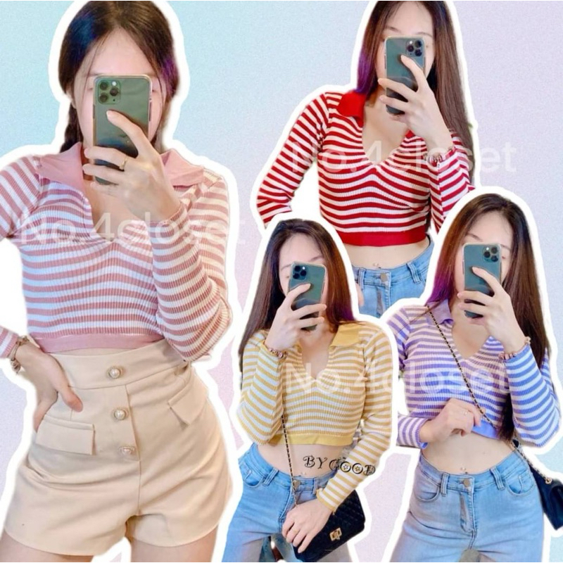 No.4closet เสื้อครอปแฟชั่นผ้าไหมพรม อกฟรีไซส์ 28-44 นิ้ว (Aข้าวปุ้นผูกหลังริ้ว) | Shopee Thailand