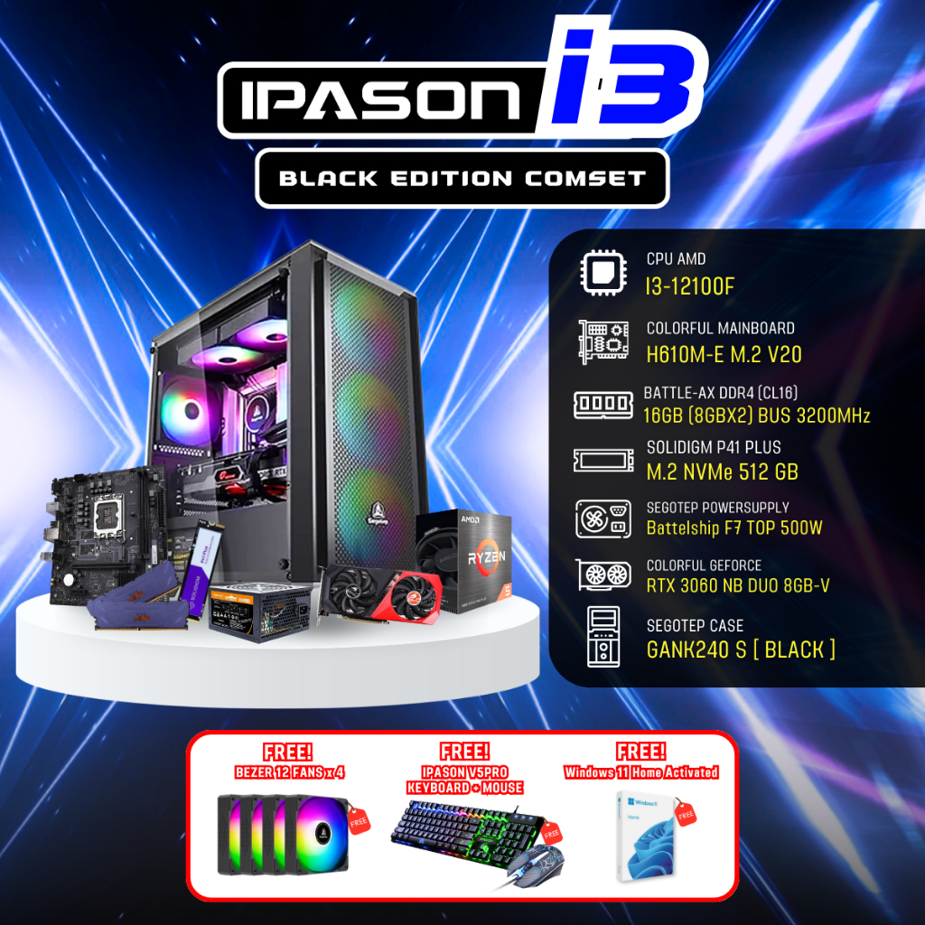 DIY COMSET คอมประกอบ IPASON I3 BLACK EDITION I3-12100F RAM RGB 16GB/SSD M.2 512GB | Shopee Thailand