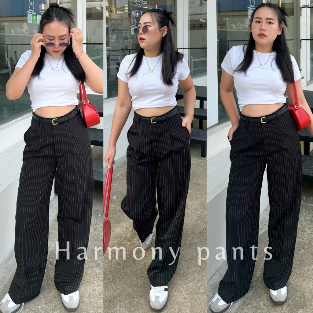 Harmony pants รหัส #A08 กางเกงกระบอกกลางลายริ้ว เย็บจีบเดียวกระเป๋าซ่อนข้างทรงกำลังดีใส่ได้หลาย ...