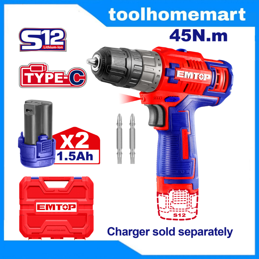 EMTOP สว่านไร้สาย รุ่น ECDL12620 12V แบต 2 ก้อน | Shopee Thailand
