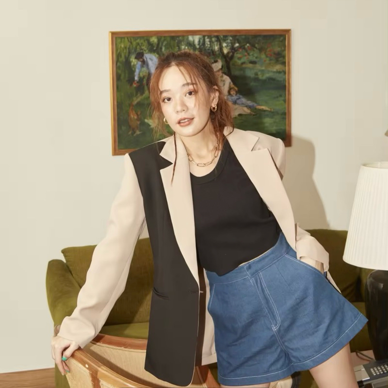 Mandarin Blue - RICKY Blazer เบลเซอร์เสื้อสูท สีเบจสลับสีดำ ทรงโอเวอร์ ...