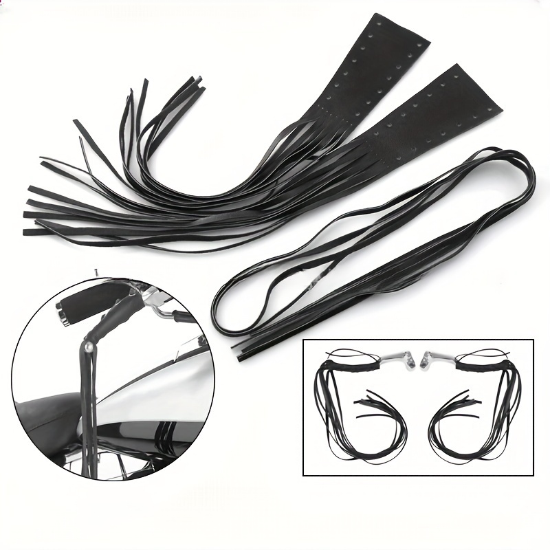 Black Leather Grips Motorcycle Handle Grip Throttle Covers Fringe Long ...