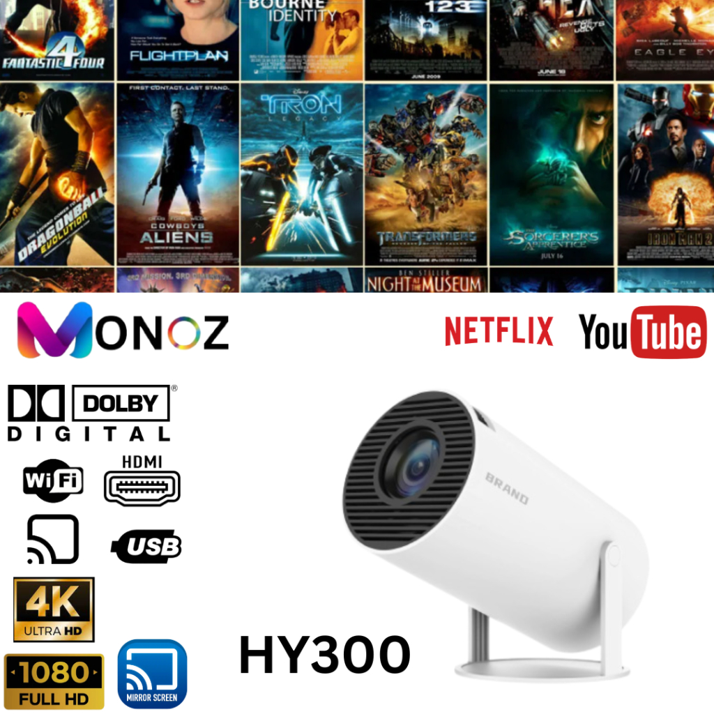 สต็อกพร้อมMONOZ HY300 Projector โปรเจคเตอร์ 4K Android 11.0 LCD 1280P x ...