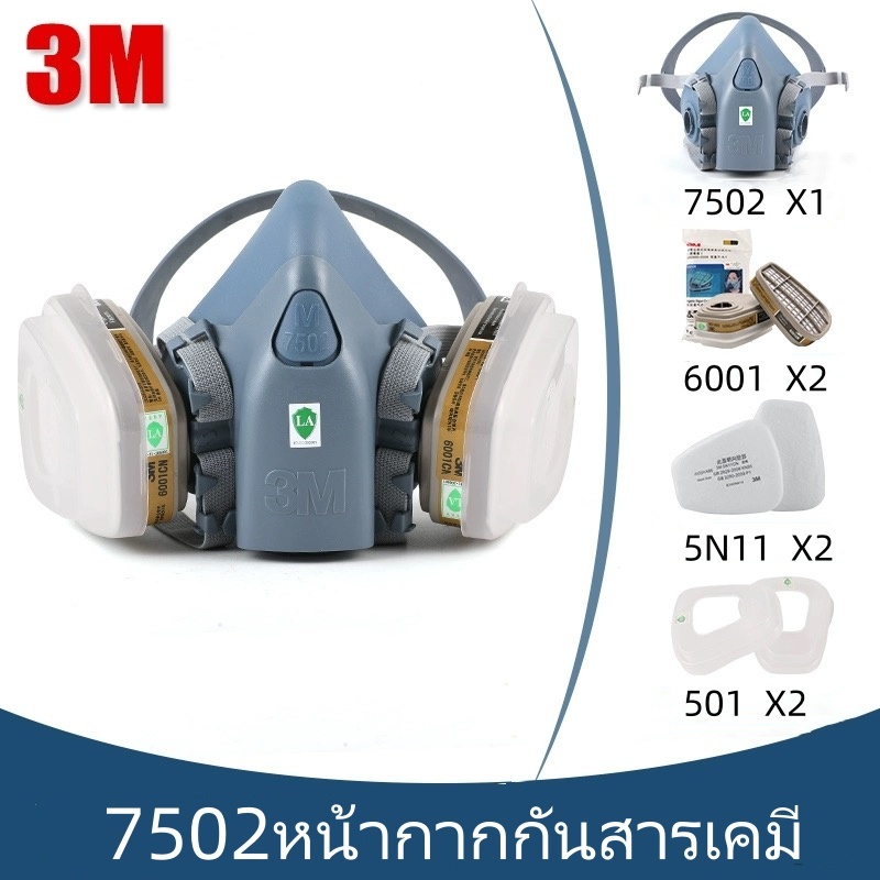 3M 7502 ครบชุด ตลับกรอง 6001 หน้ากากป้องกันสารเคมี สำหรับงานพ่นยา งานพ่นสีรถ (ของแท้ 100% ...