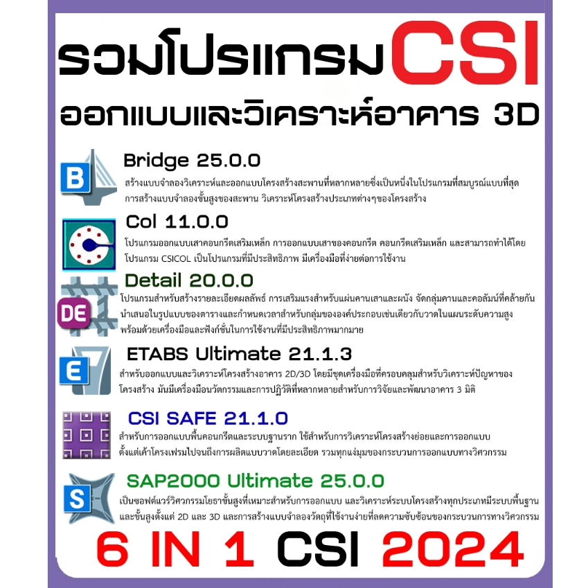 รวมโปรแกรม CSI 6 IN 1 2024 โปรแกรมวิศวกรรมออกแบบโครงสร้าง ออกแบบและวิเคราะห์อาคาร 3D (C030 ...
