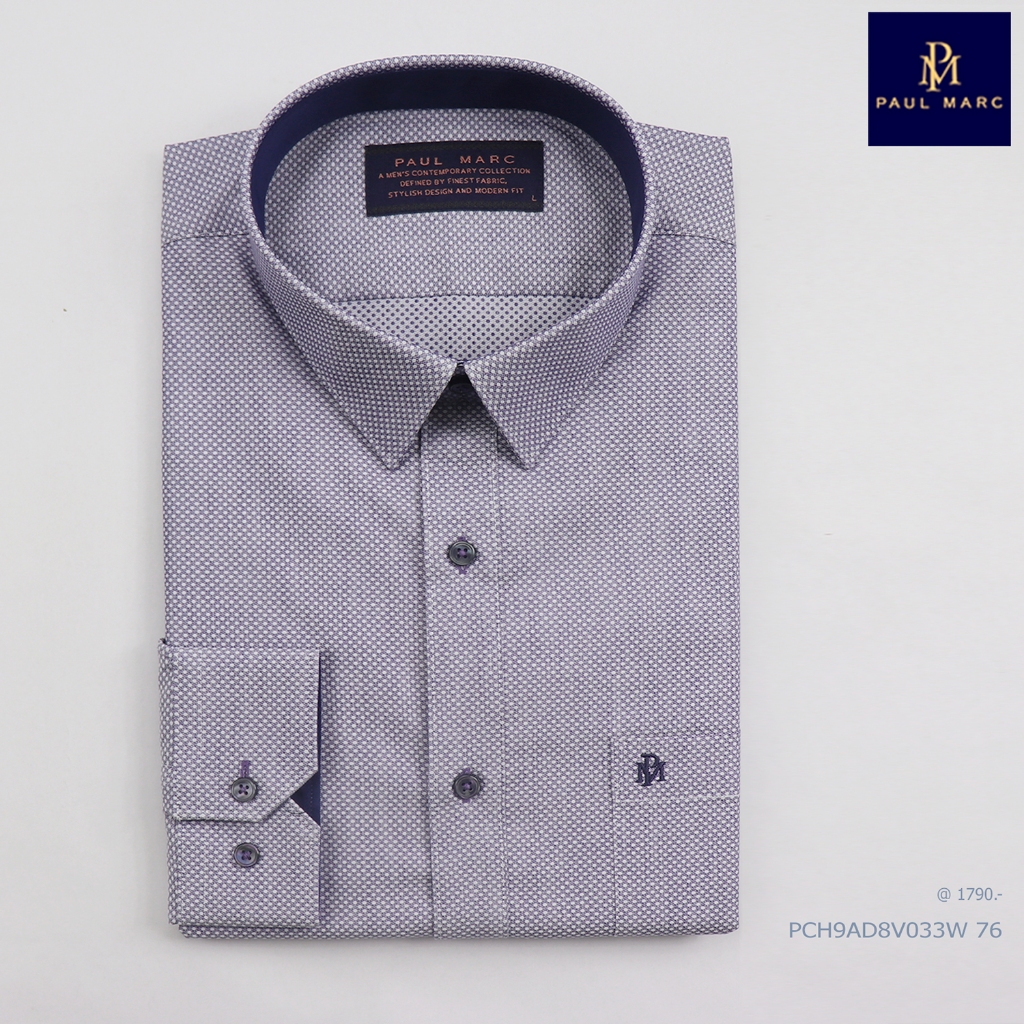 PAUL MARC เสื้อเชิ้ตทำงานแขนยาว สีน้ำเงิน slim fit ผ้าทอ dobby ลายในตัว ...