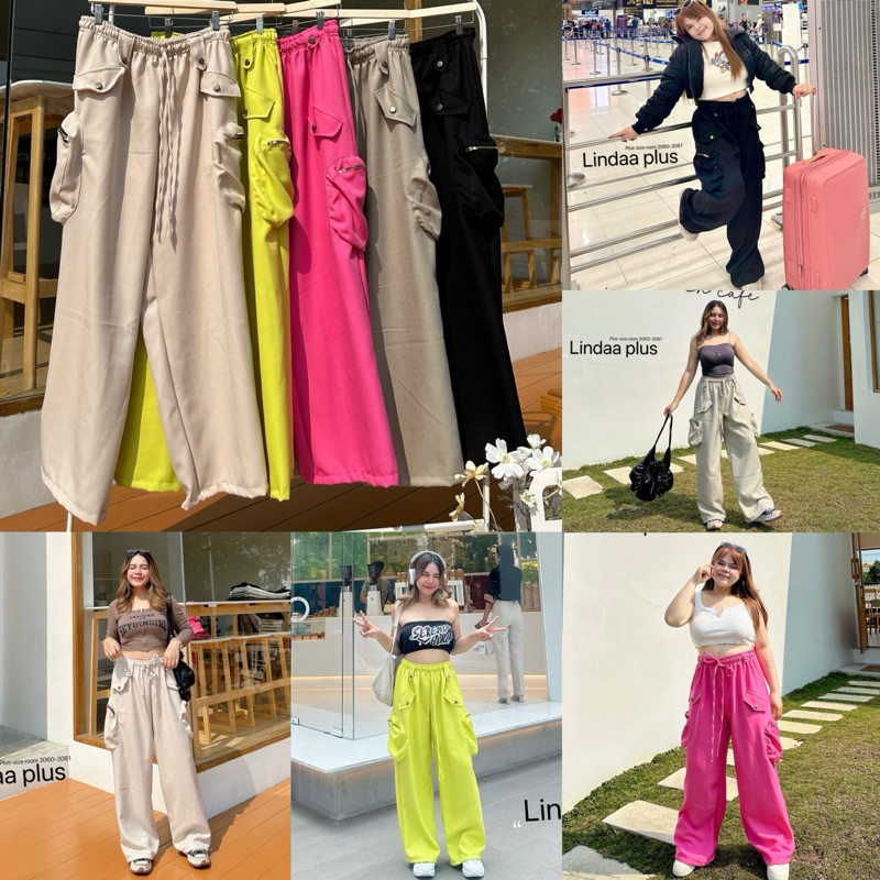 Linn กางเกงคาร์โก้สีนีออน กางเกงขายาวสาวอวบ เอว32-46นิ้ว | Shopee Thailand