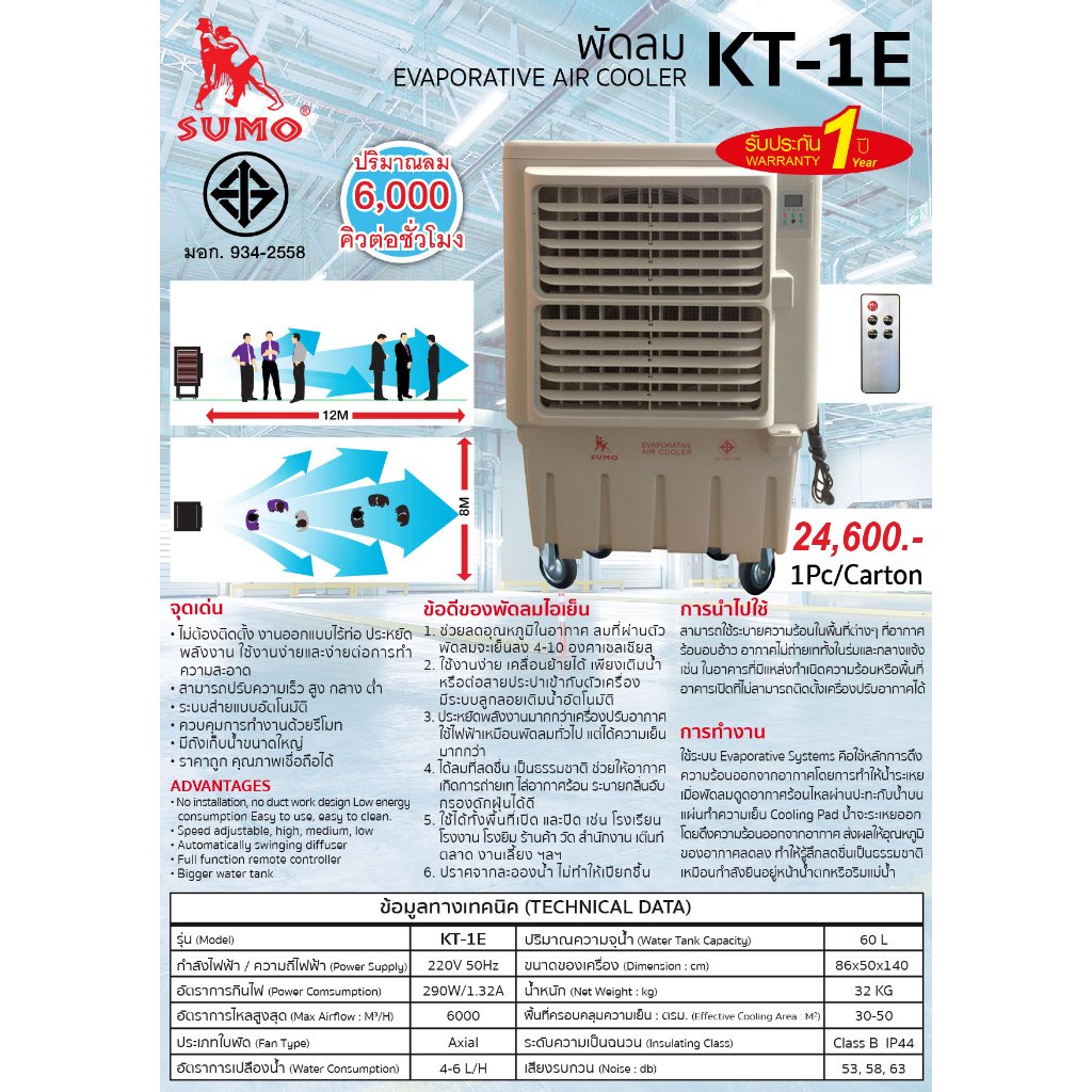 พัดลมไอเย็น รุ่น KT-1E SUMO Evaporative air cooler KT-1E SUMO. | Shopee ...
