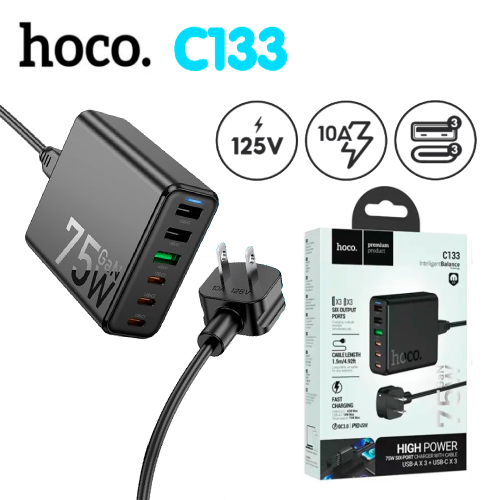 Hoco C133 หัวชาร์จ 6 ช่อง ชาร์จเร็วสูงสุด 45 วัตต์ Type-C 3 ช่อง USB 3 ช่อง ครบจบในตัวเดียว ปลัก ...