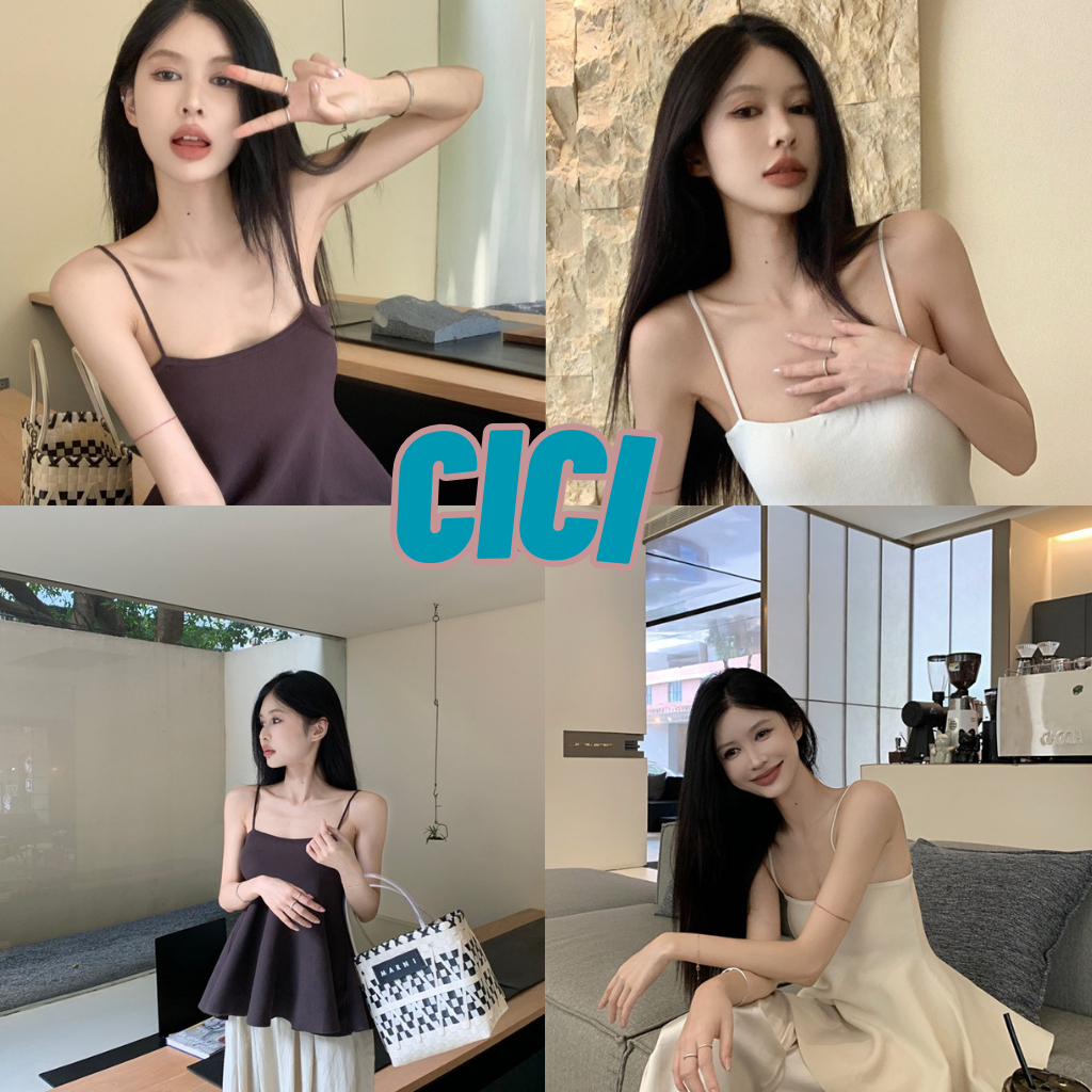 Cici(No.7686)เสื้อสายเดี่ยวเข้ารูปdetail แต่งชายระบายเหมาะสำหรับสไตล์เกาหลี | Shopee Thailand