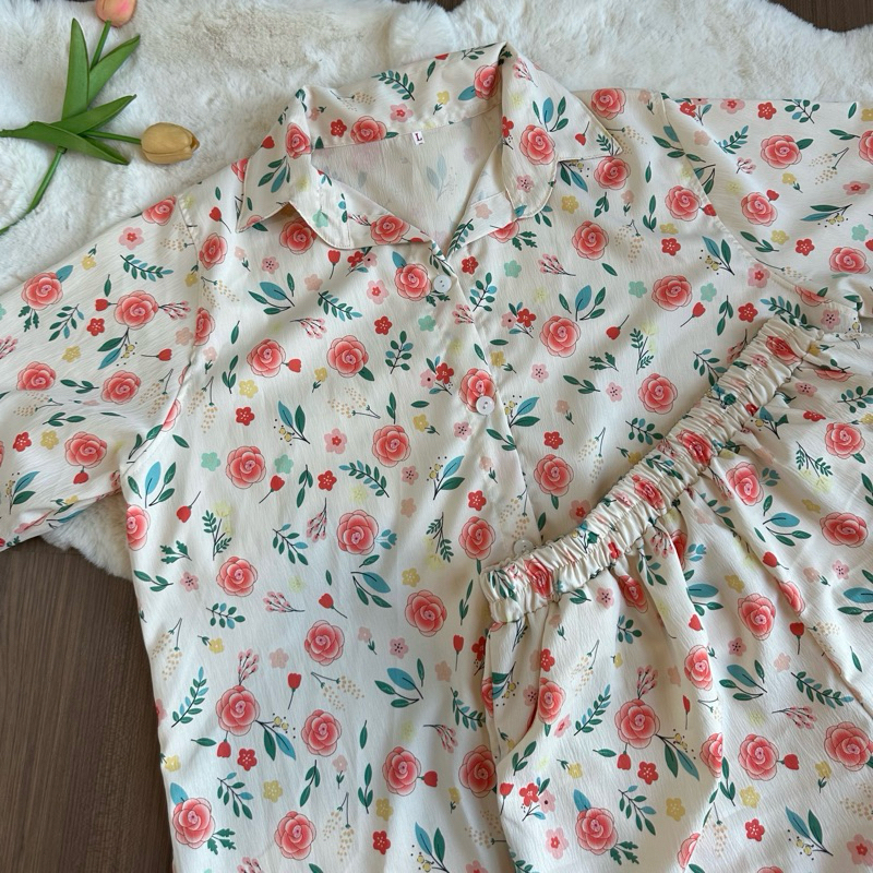 Set2ชิ้น เสื้อเชิ้ตลายดอก+กางเกงขาสั้นลายดอก อก38-52นิ้ว plussize | Shopee Thailand