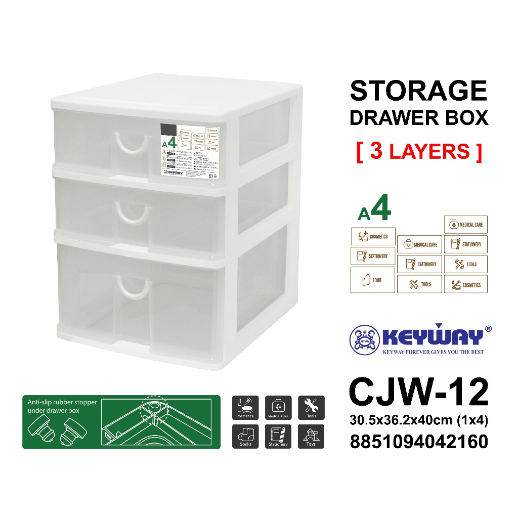 กล่องลิ้นชักเก็บเอกสาร 3 ชั้น (ใส่กระดาษ A4) 2 in 1 ขนาด 30.5 x 36.2 x 40 cm.No.CJW-12 KEYWAY ...