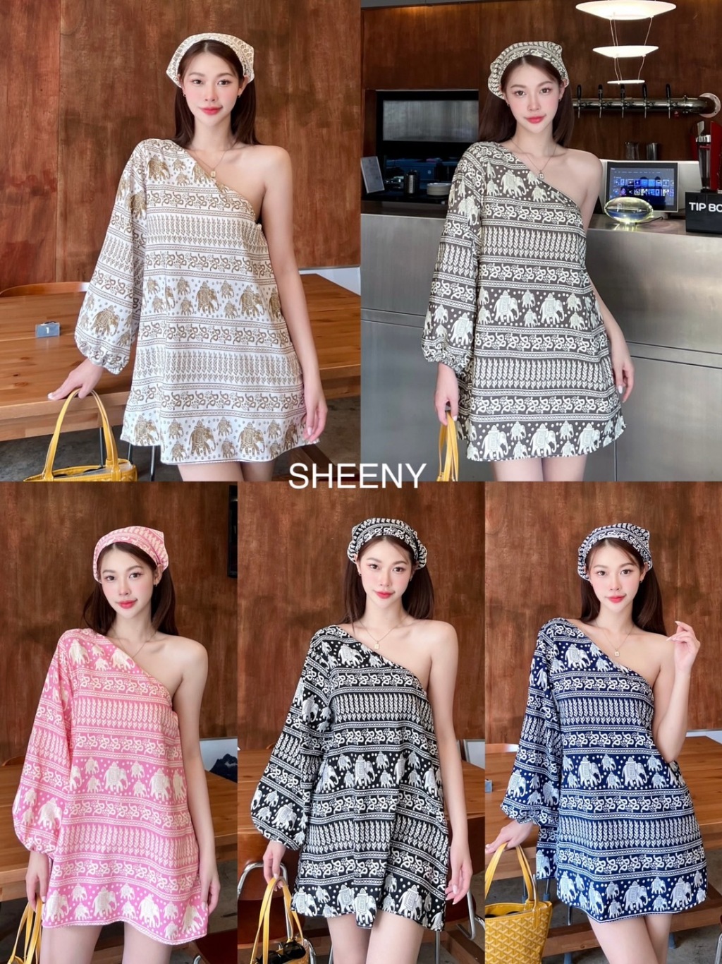 Jasmine minidress - 5 สี เสื้อแขนเฉียง ปาดไหล่ ลายช้าง(รวงข้าว) งานไป ...