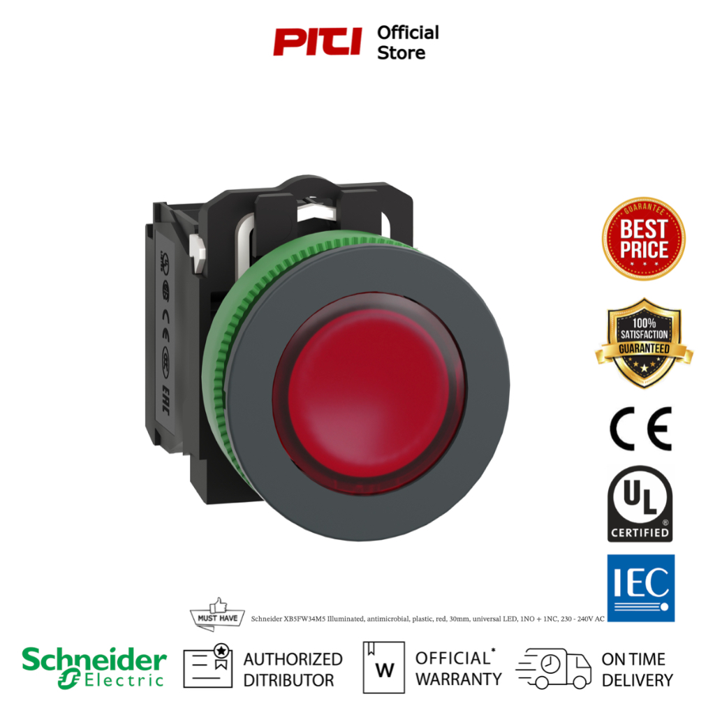 Schneider XB5FW34M5 Illuminated push button, antimicrobial, plastic, red, 30mm. | Shopee Thailand