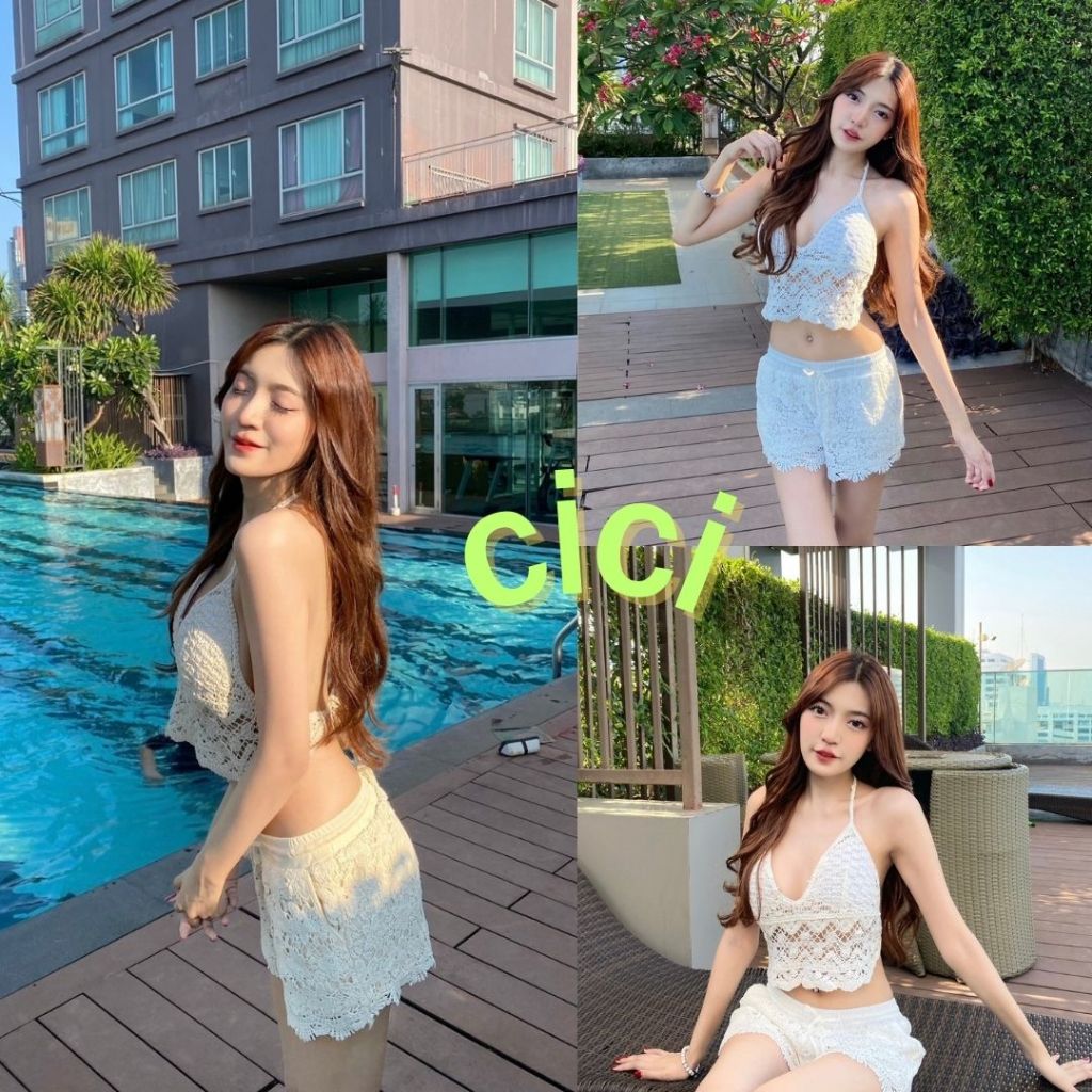Cici (NO.TZ601)set2ชิ้น ชุดถัก บราผูกคอโชว์หลัง+กางเกงขาสั้น มีฟองน้ำในตัว เหมาะสำหรับหน้าร้อน ...