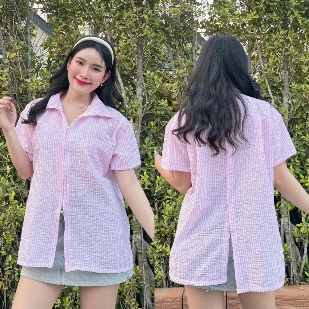 เสื้อผ้าครัชแขนสั้นซิปหน้ากระเป๋าหน้ากระดุมหลัง Oversize | Shopee Thailand