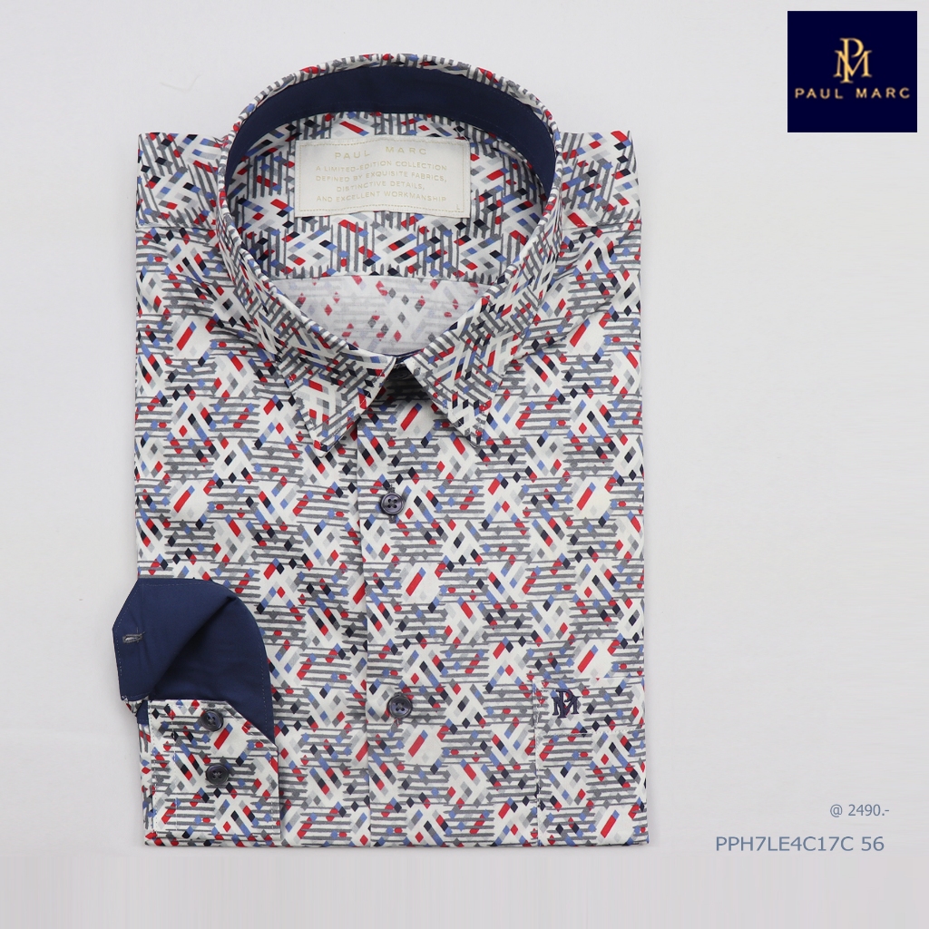 PAUL MARC เสื้อเชิ้ตลายพิมพ์กราฟฟิกสีแดง Signature Print Slim fit 100% ...