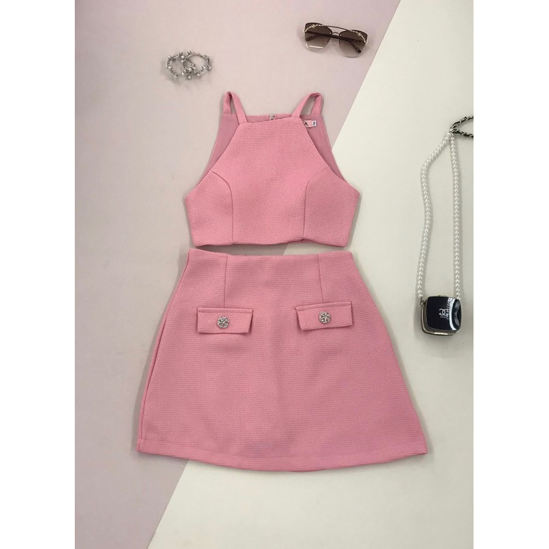[ELSA] Y026 ชุดเซตเสื้อครอปแขนกุดสายเดี่ยวกระโปรงแต่งกระเป๋าหน้า ดีไซน์ ...