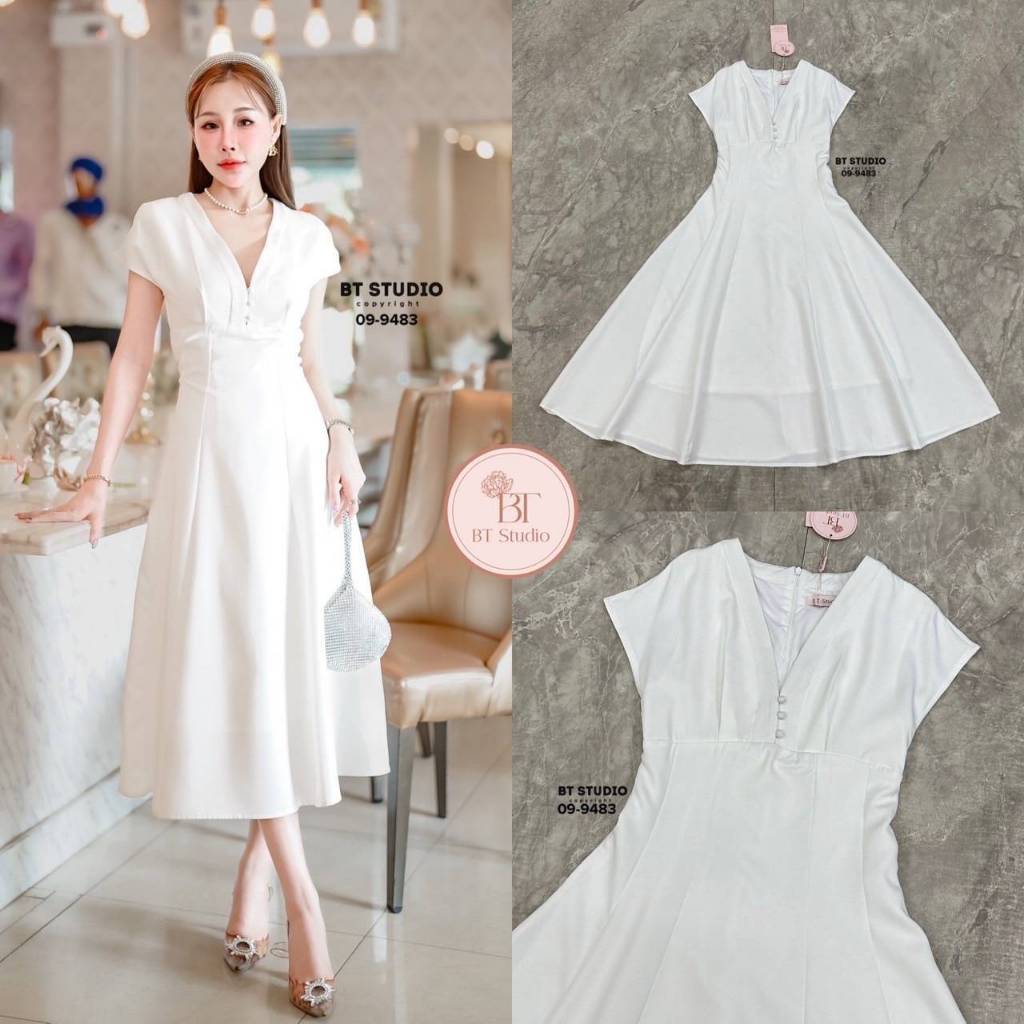 (พร้อมส่ง) BT105 9483 เดรสยาวดีเทลแขนเต่อปิดต้นแขนเล็กน้อยคอวีกระดุมหน้า อกเอวพอดีตัวกระโปรงบาน ...