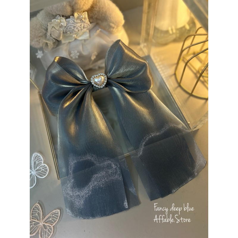 Fancy deep blue กิ๊บโบว์ติดผมโทนสีน้ำเงินเทา ผ้าเงาประกายวิบวับเพิ่ม ...