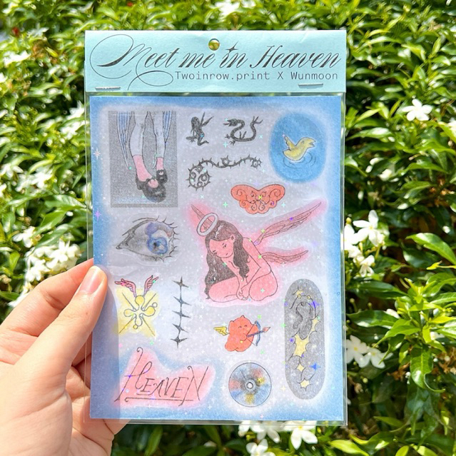 สติ๊กเกอร์แผ่นไดคัท Meet me in Heaven sticker ไม่กันน้ำสีสดใสเคลือบกลิต ...