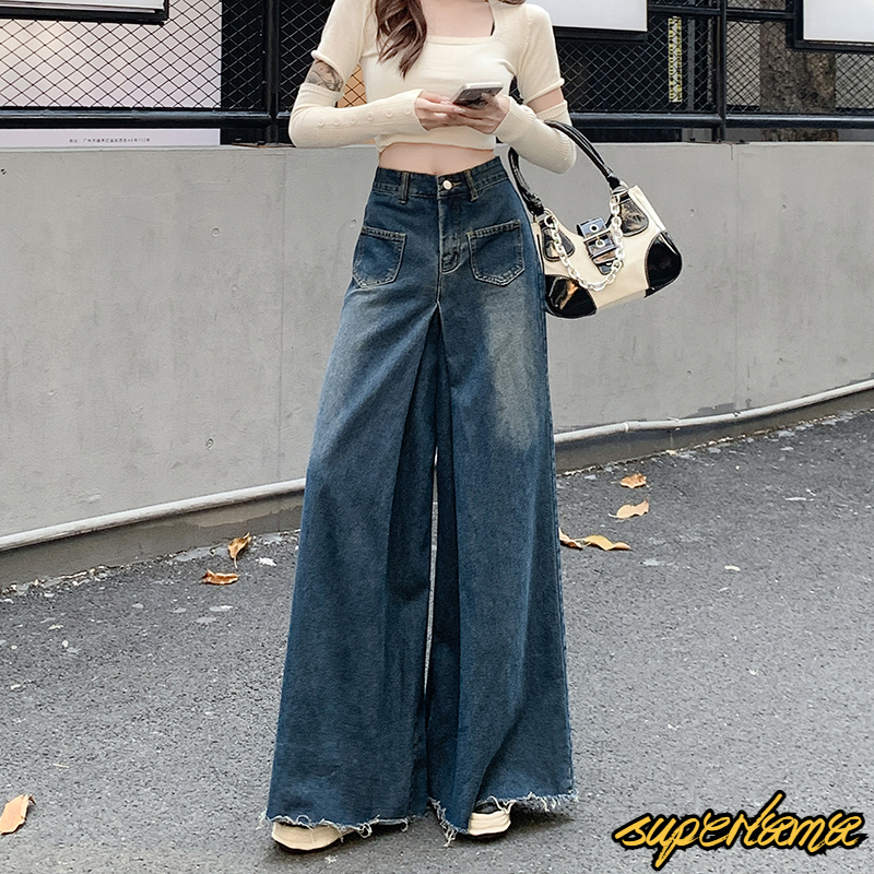 กางเกงยีนส์ ยีนส์เอวสูง ขาช้าง ทรงหลวมๆใส่สบายๆ แต่งปลายขา #190177 | Shopee Thailand