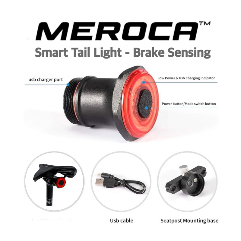 (โค๊ดส่วนลด)(สินค้าพร้อมส่ง)ไฟท้ายจักรยาน MEROCA IPX6 Auto ฺBrake ไฟ ...