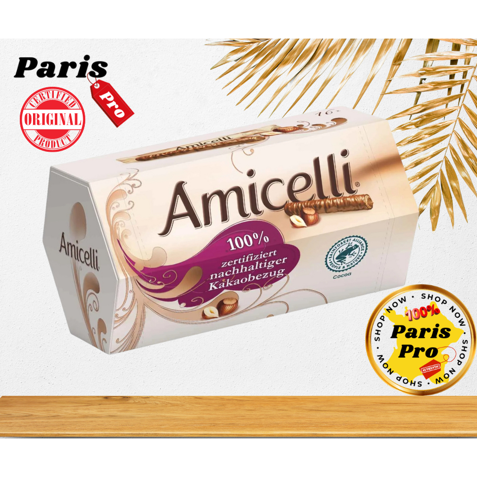 Amicelli เวเฟอร์โรลเคลือบช็อคโกแลตนมสอดใส้ครีมเฮเซลนัท 200 g 16 แท่ง ...