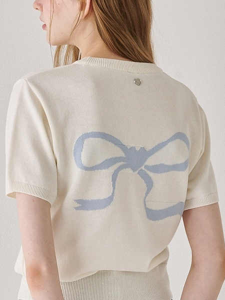 Ronron Heart Ribbon Jacquard Short Sleeve Knit (Blue, Ivory Blue, Black ...