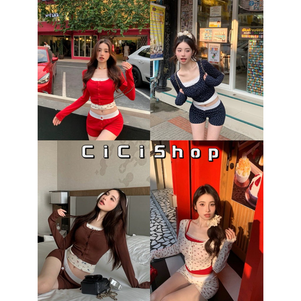 Cicishop(J1130)Set2ชิ้น สายเดี่ยวแต่งลูกไม้พร้อมเสื้อแขนยาวกระดุมใช้งานได้จริง+กางเกงขาสั้นเอว ...
