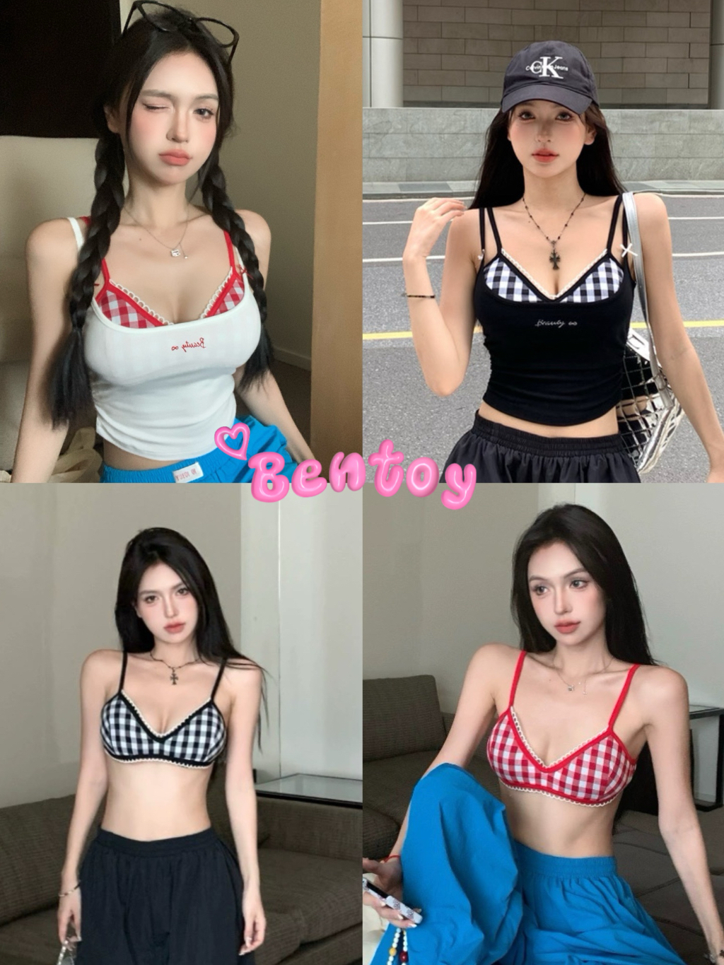 Bentoy(1139/6628/756)set2ชิ้น เสื้อสายเดี่ยว สไตล์เกาหลี สามารถแยกใส่ได้ ลายสก็อตน่ารักมากๆ ...