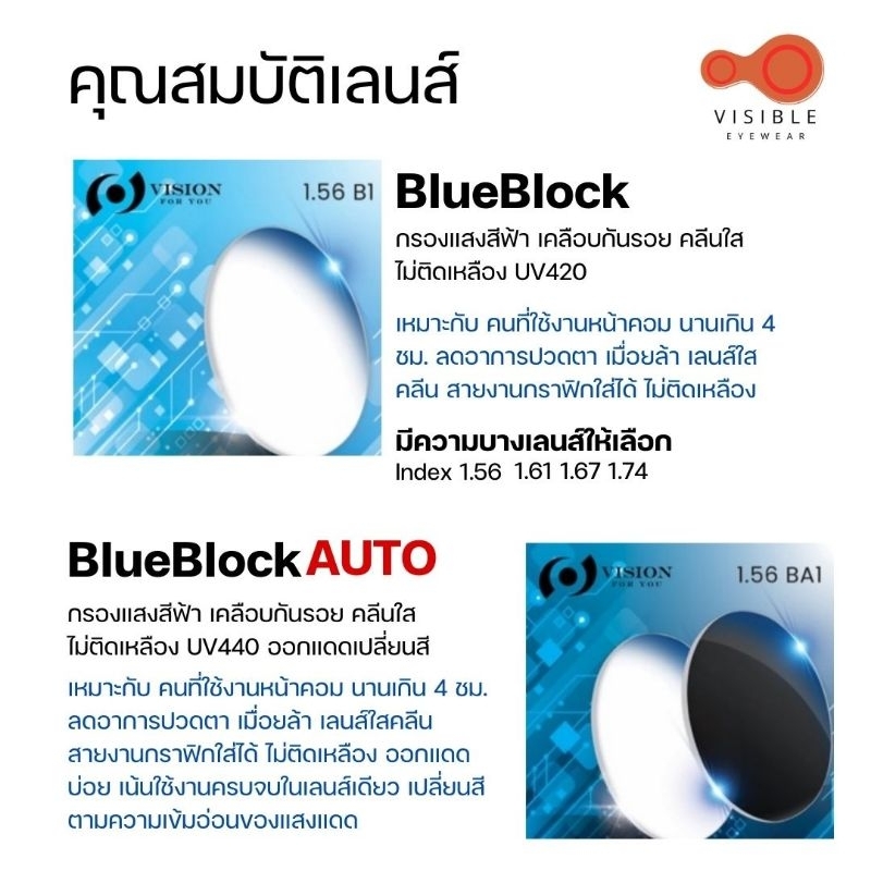 สำหรับสายตาปกติ ตัดเลนส์ Vision For You BlueBlock / BlueAuto | Shopee Thailand