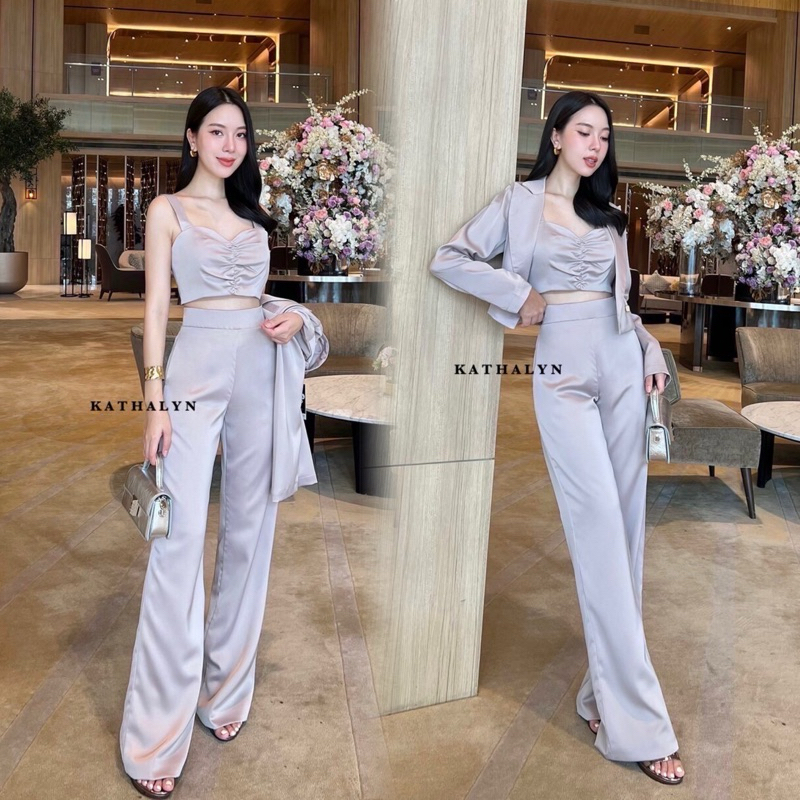 Set 3เสื้อครอปสายเดี่ยว + เสื้อครอปสั้นทรงสูท +กางเกงขายาว ::KATHALYN | Shopee Thailand