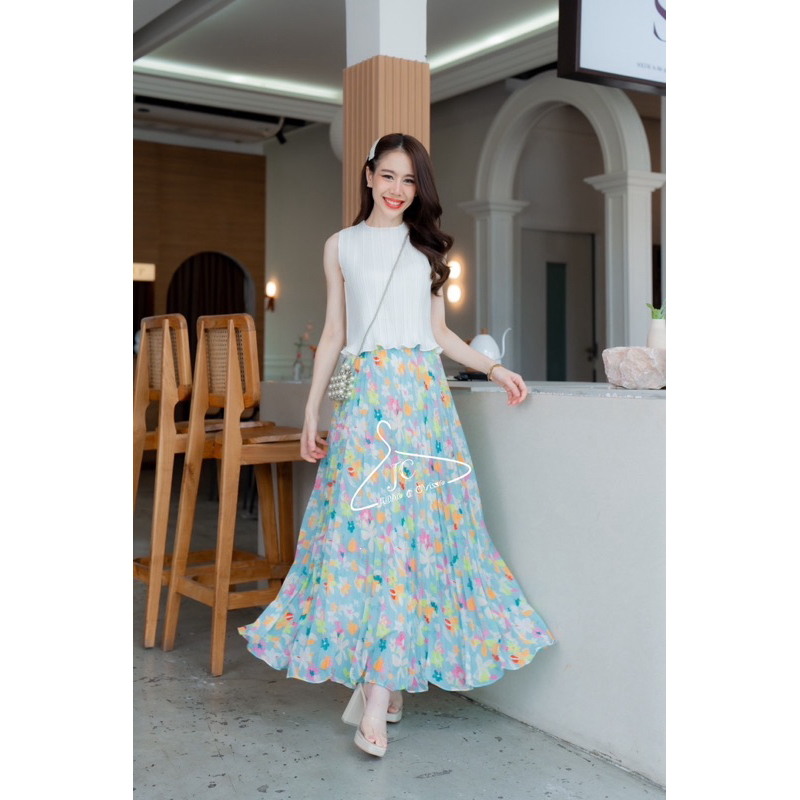 Jubbie&Chrissie : กระโปรงพลีทยาวลายดอกไม้ผ้าซีฟอง02 (มีซับใน) Chiffon ...