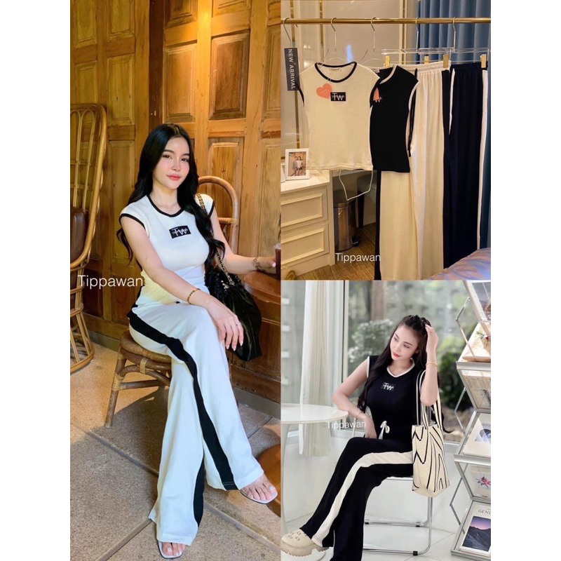 Tippawan Set ใหม่ค้าเสื้อทรงคอปาดกุ้นคอ ติดอะไหล่TW พร้อมกางเกงขายาว แต่งแถบทูโทน | Shopee Thailand