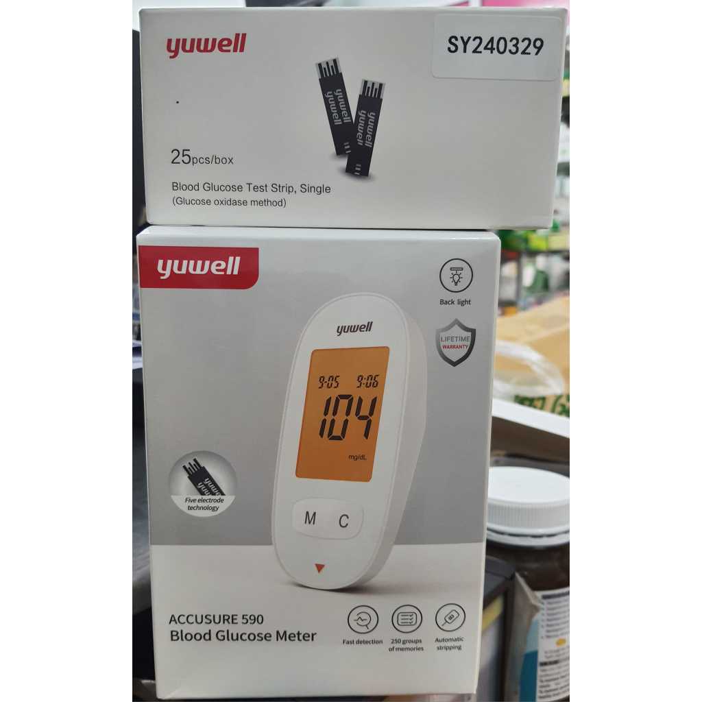 ครบเซตเครื่องวัดน้ำตาลปลายนิ้ว YUWELL 590+แผ่นตรวจน้ำตาลในเลือด 25ชิ้น ...