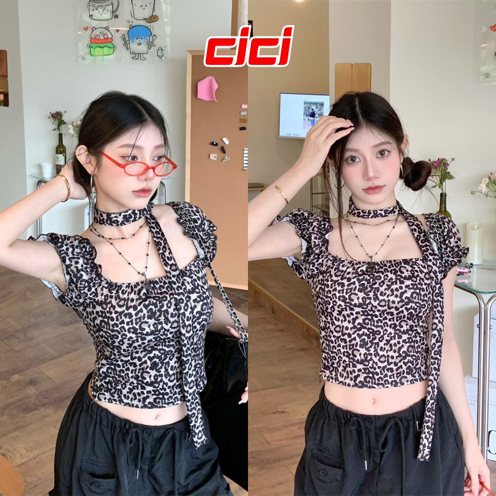 Cici(NO.J1195)เสื้อครอป แต่งแขนตุ๊กตา สายเสือ มีซิปรูดข้าง เพิ่มความเก๋ด้วยสายคล้องคอ แม่เสือสาว ...