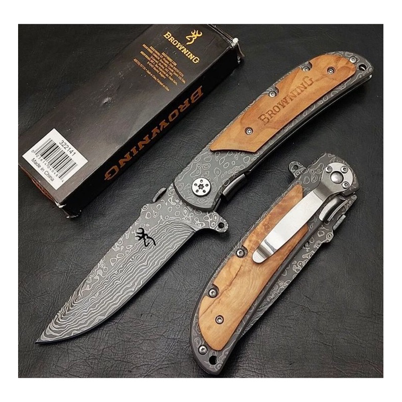 🦌 Browning Folding Knife no.338 Damascus Blade | Shopee Thailand