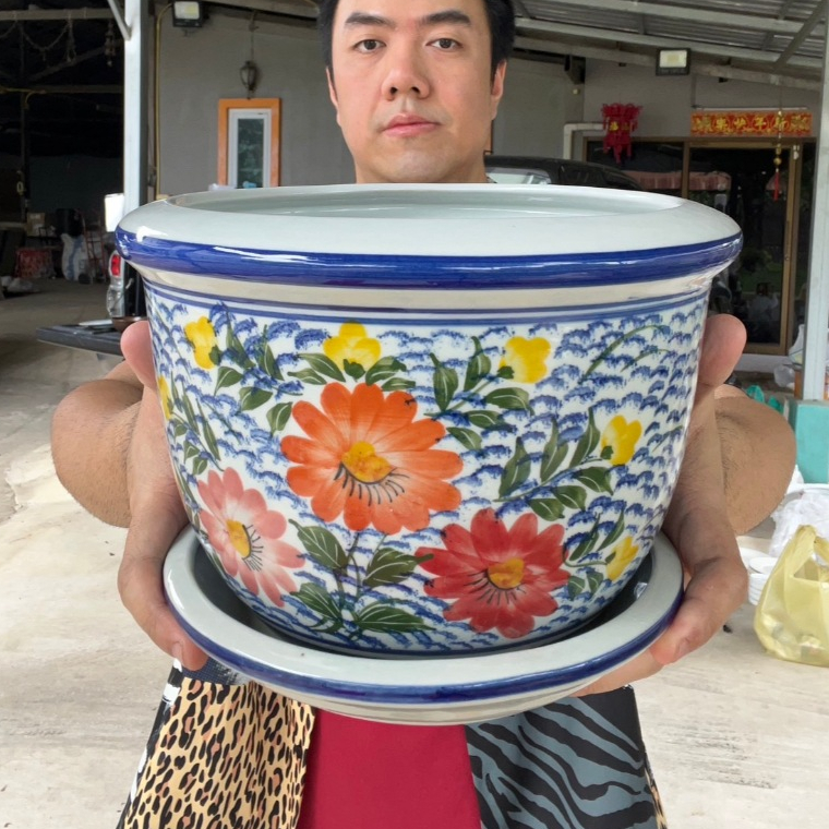 กระถางเซรามิคปากเรียบ ลายดอกส้มแดงมี3ดอก (ไซต์ 8 นิ้ว) 100% แฮนเมด ออก ...