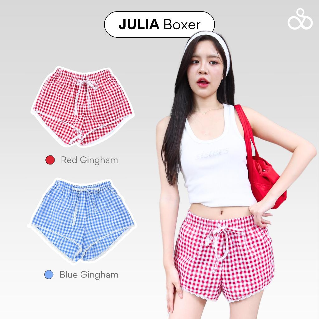 Sistersfabric - Julia boxer กางเกงขาสั้นเอวยางยืด ลายGingham สายตกเเต่ง ...