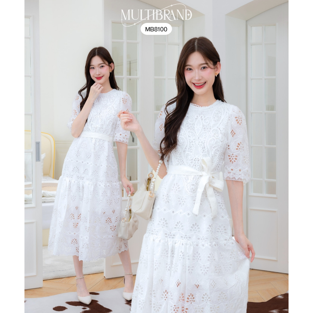 Fairyangelstore - ชุดเดรสลายผ้าปักลูกไม้สีขาว (MB8100) | Shopee Thailand